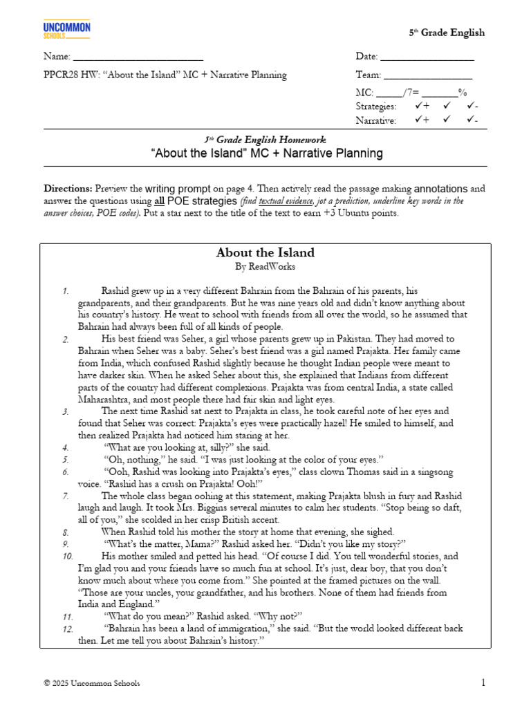 5th Grade English Homework: Island Story | PDF | Bahrain
