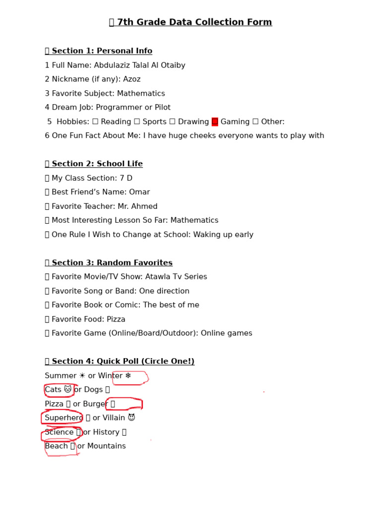 7th Grade Data Collection Form | PDF