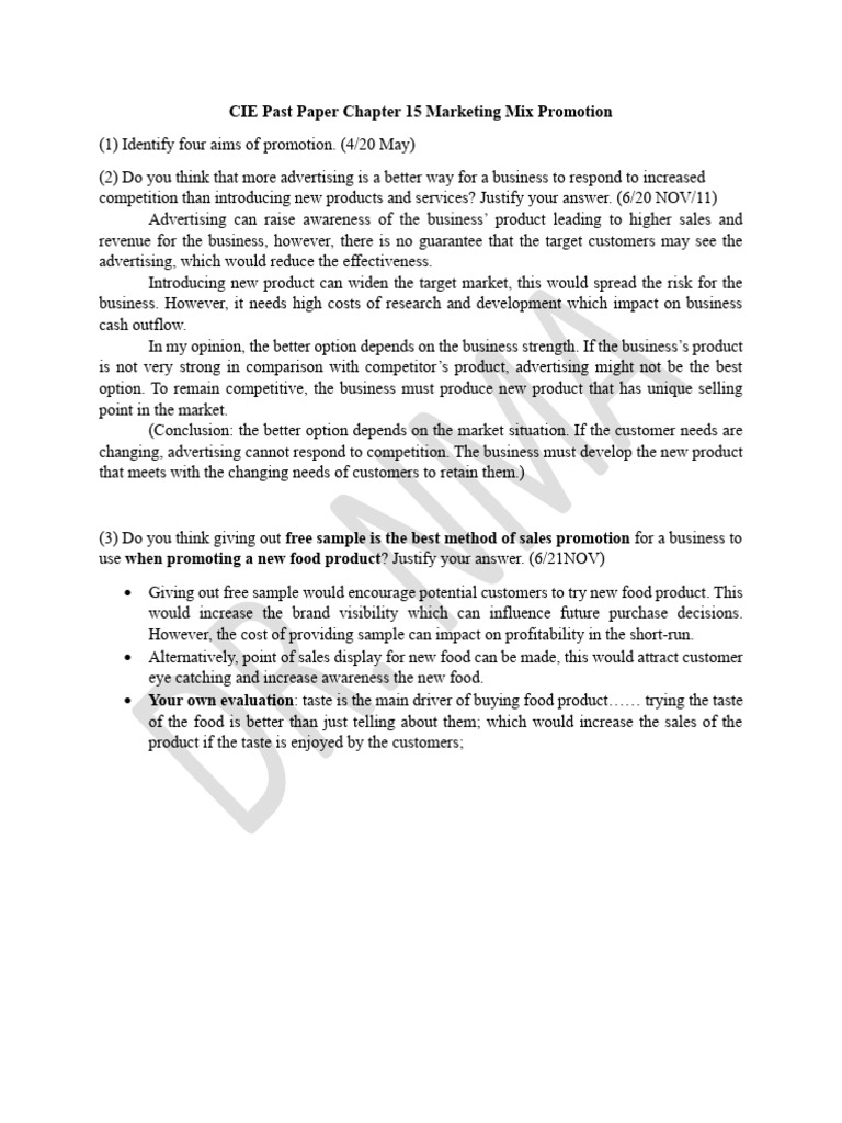 Past Paper Chapter 15 Marketing Mix Promotion | PDF | Marketing ...