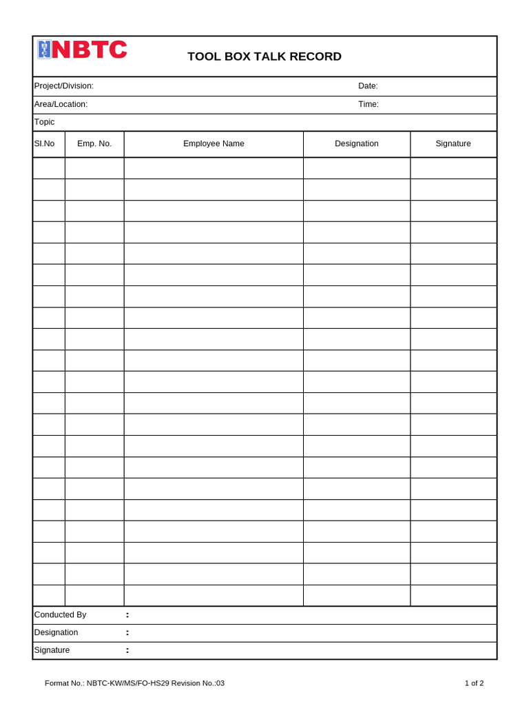 Toolbox Talk Record Template | PDF