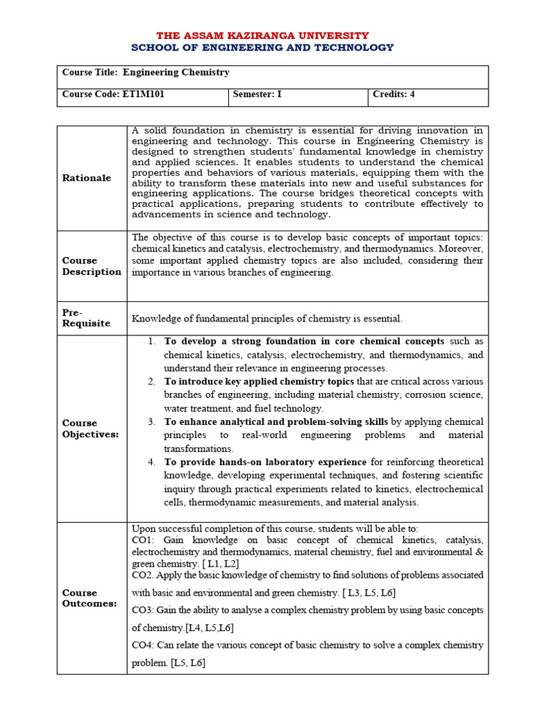 Engineering Chemistry Course Overview | PDF | Electrochemistry | Chemistry