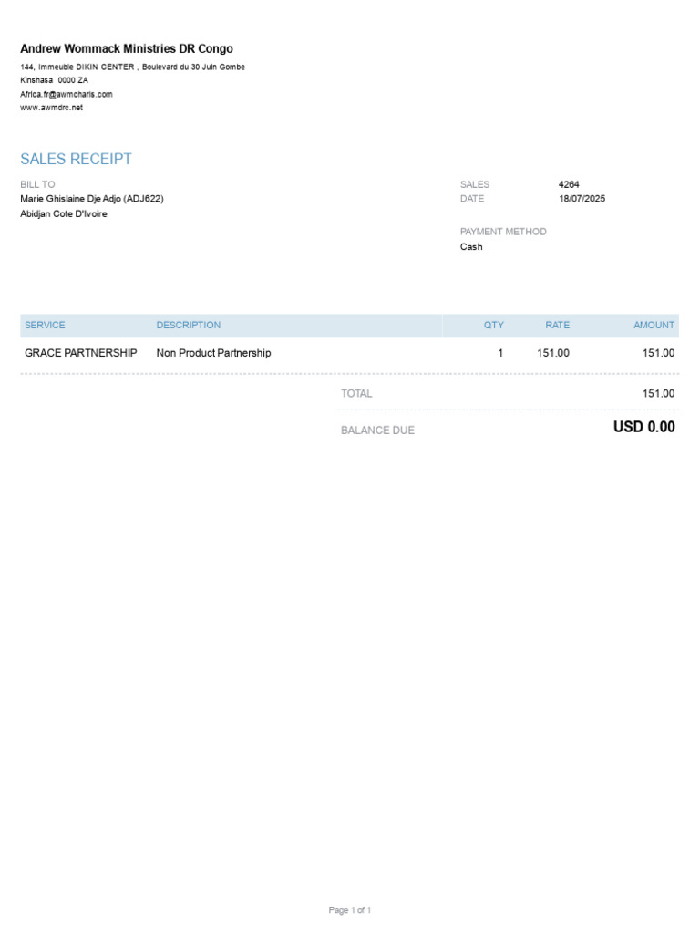 Sales Receipt 4264 From Andrew Wommack Ministries DR Congo | PDF
