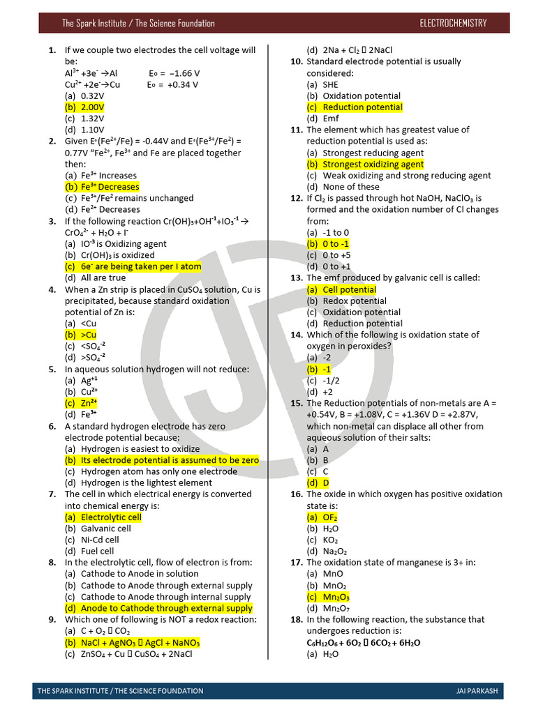 Electrochemistry Quiz Questions | PDF | Redox | Electrochemistry