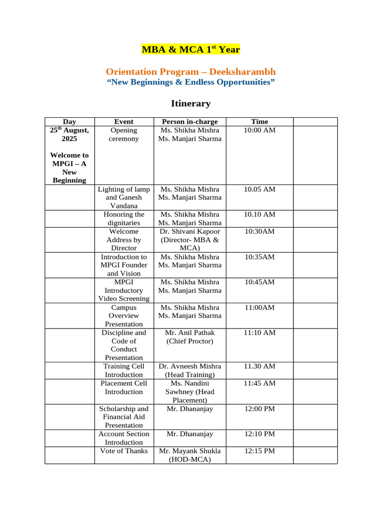 MBA & MCA Orientation Itinerary 2025 | PDF