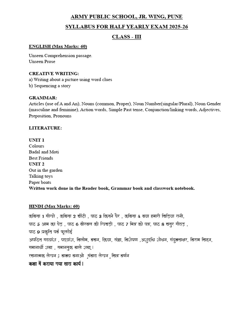 Half Yearly Syllabus CLS III 2025-26 | PDF