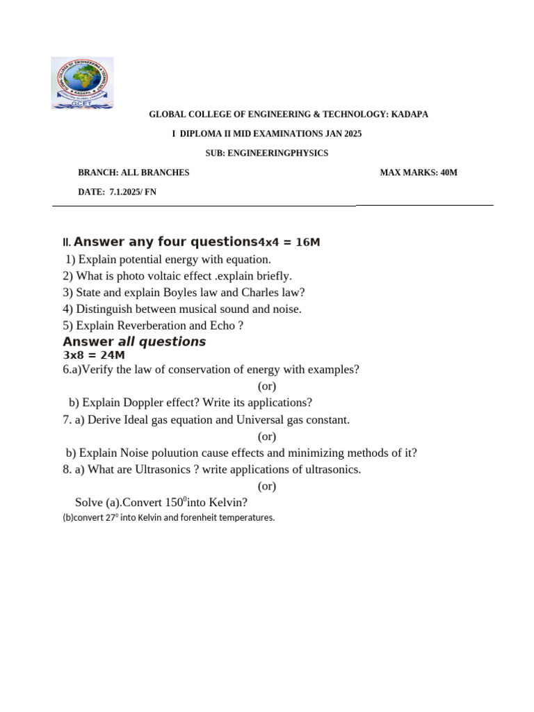 I Diploma Physics Mid - II Question Paper | PDF