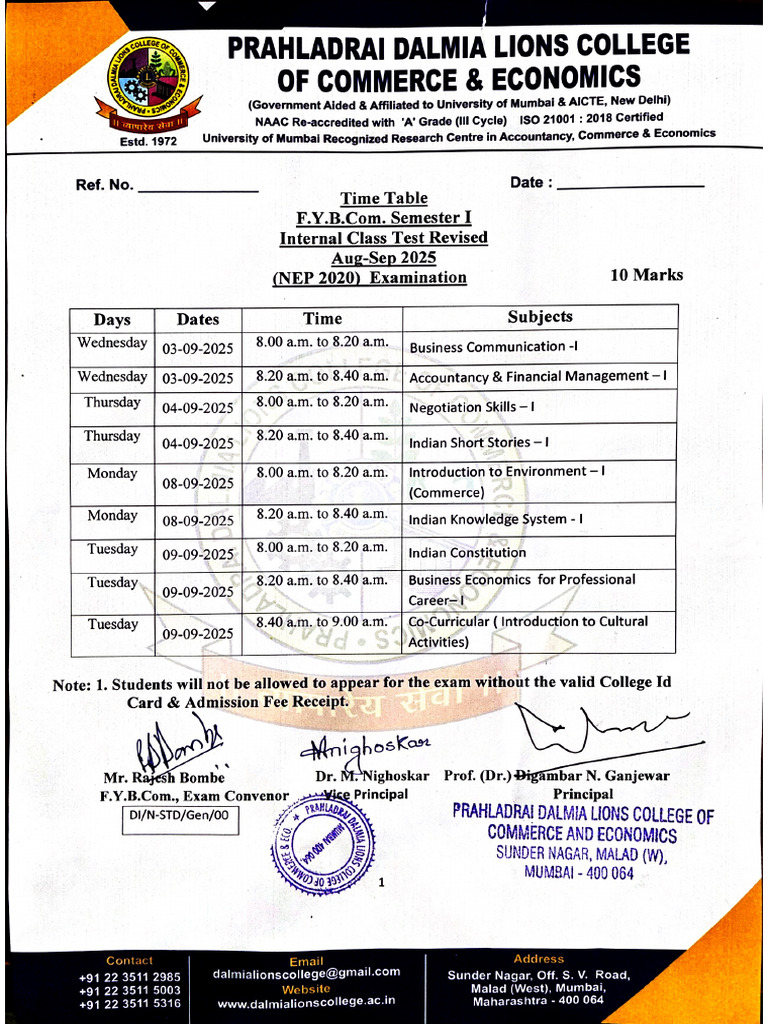 Revised FYBCom Sem I Internal Exam Time Table | PDF