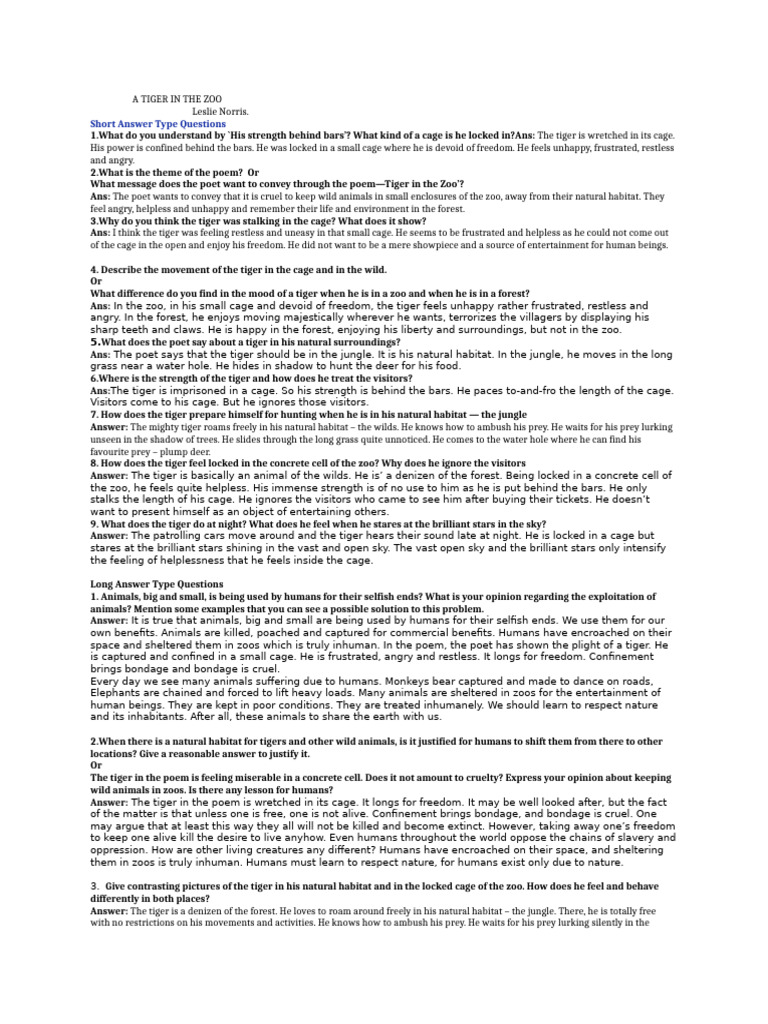 Poem - A Tiger in The Zoo | PDF | Tiger | Zoo