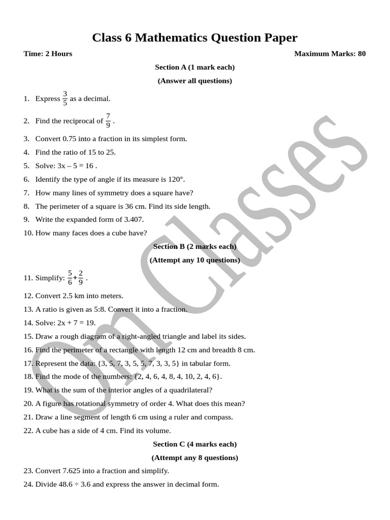 Class 6 Mathematics Question Paper | PDF | Rectangle | Area