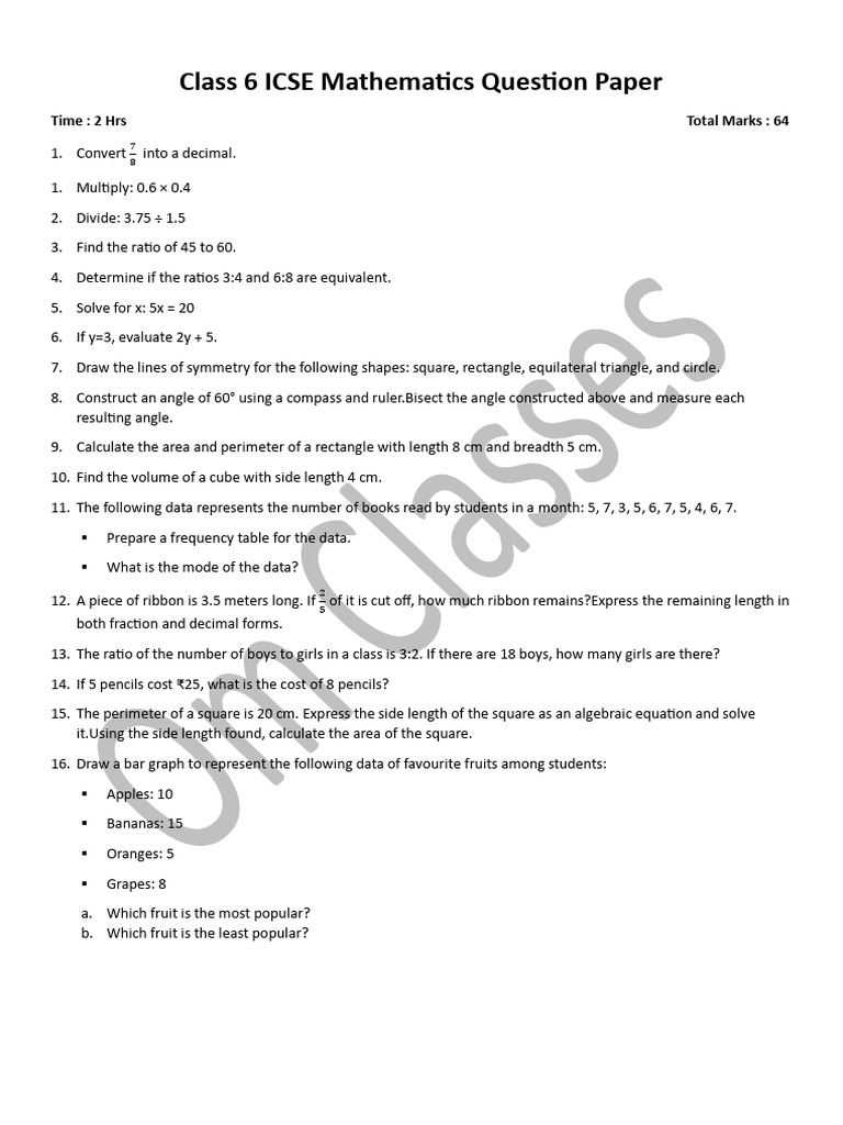 Class 6 ICSE Math Exam Questions | PDF