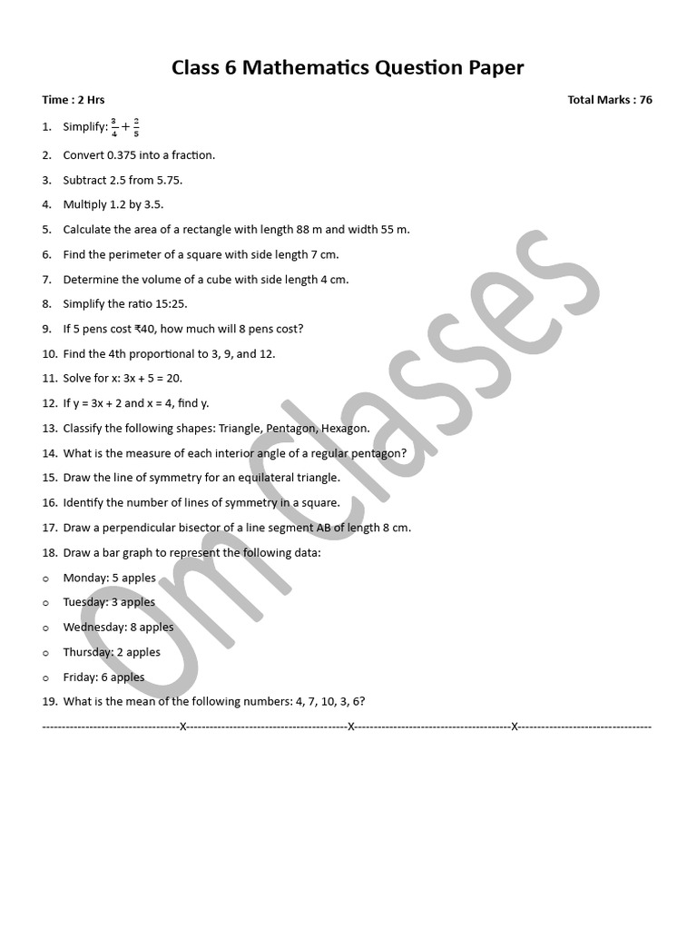 Class 6 Math Question Paper PDF | PDF