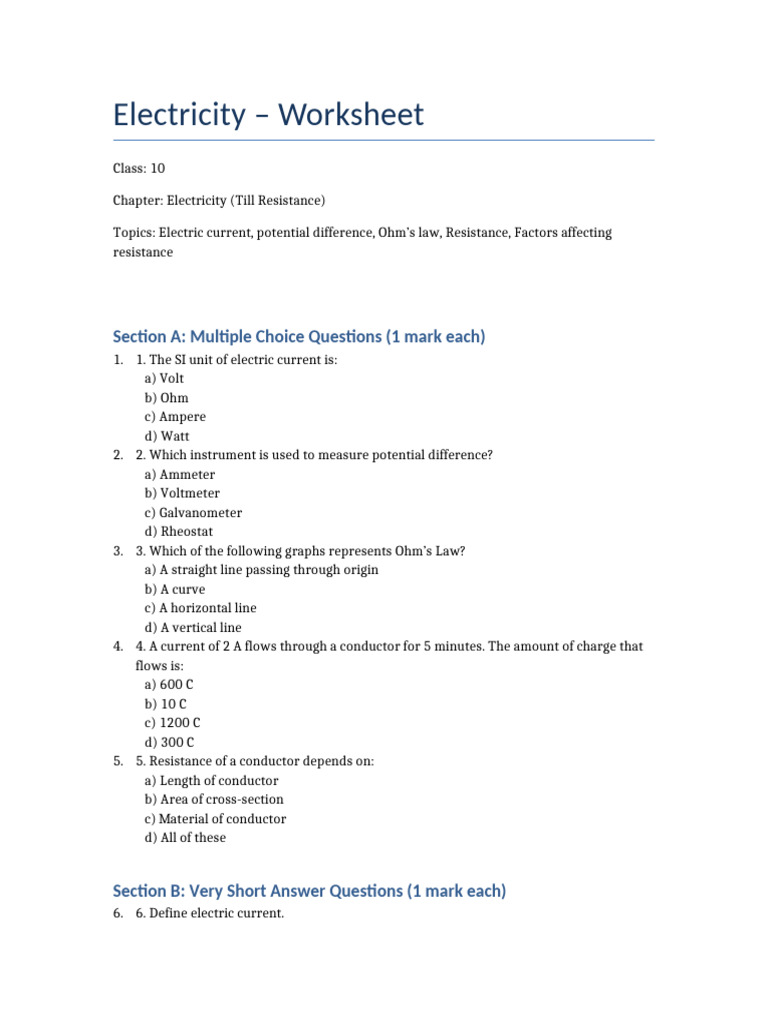 Electricity Worksheet Class10 | PDF | Voltage | Electric Current