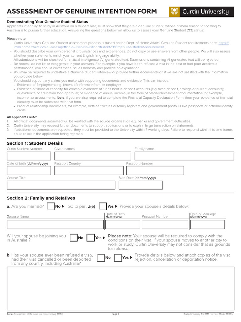 Genuine Student Intention Assessment Form | PDF | Travel Visa