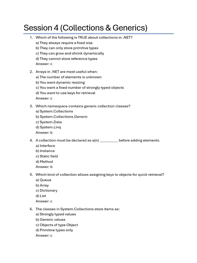 Session4 Collections-Generics 100 MCQ QA | PDF | Queue (Abstract Data Type) | Class (Computer ...