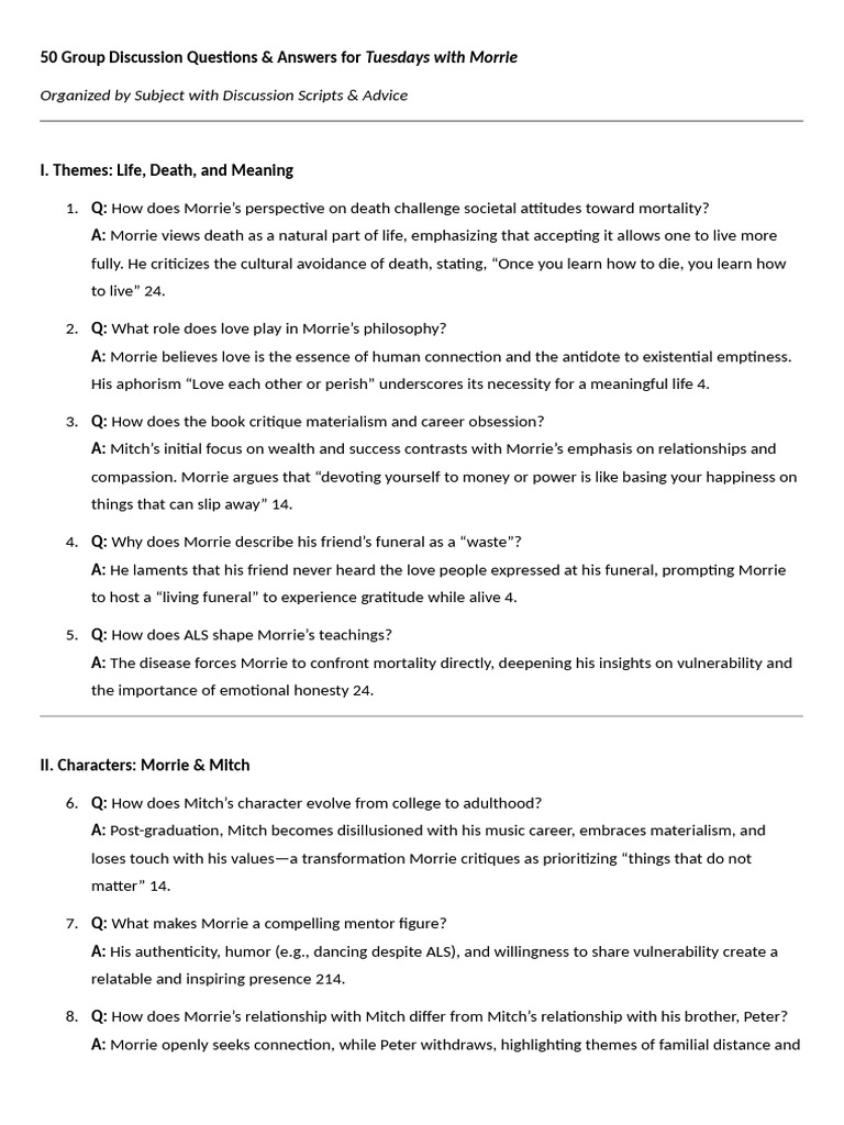 Discussion Questions for Morrie's Lessons | PDF | Love | Mentorship