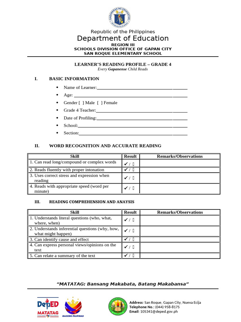 Grade4 Learners Reading Profile | PDF | Reading Comprehension ...