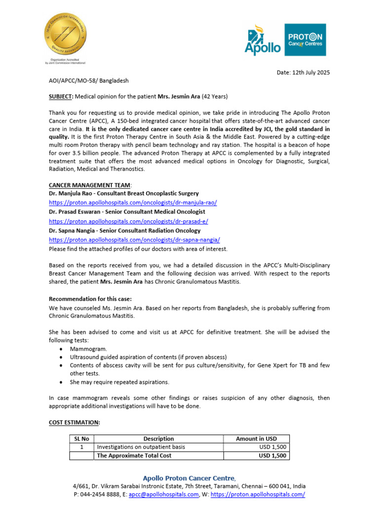 Medical Opinion - Mrs. Jesmin Ara | PDF | Oncology | Radiation Therapy