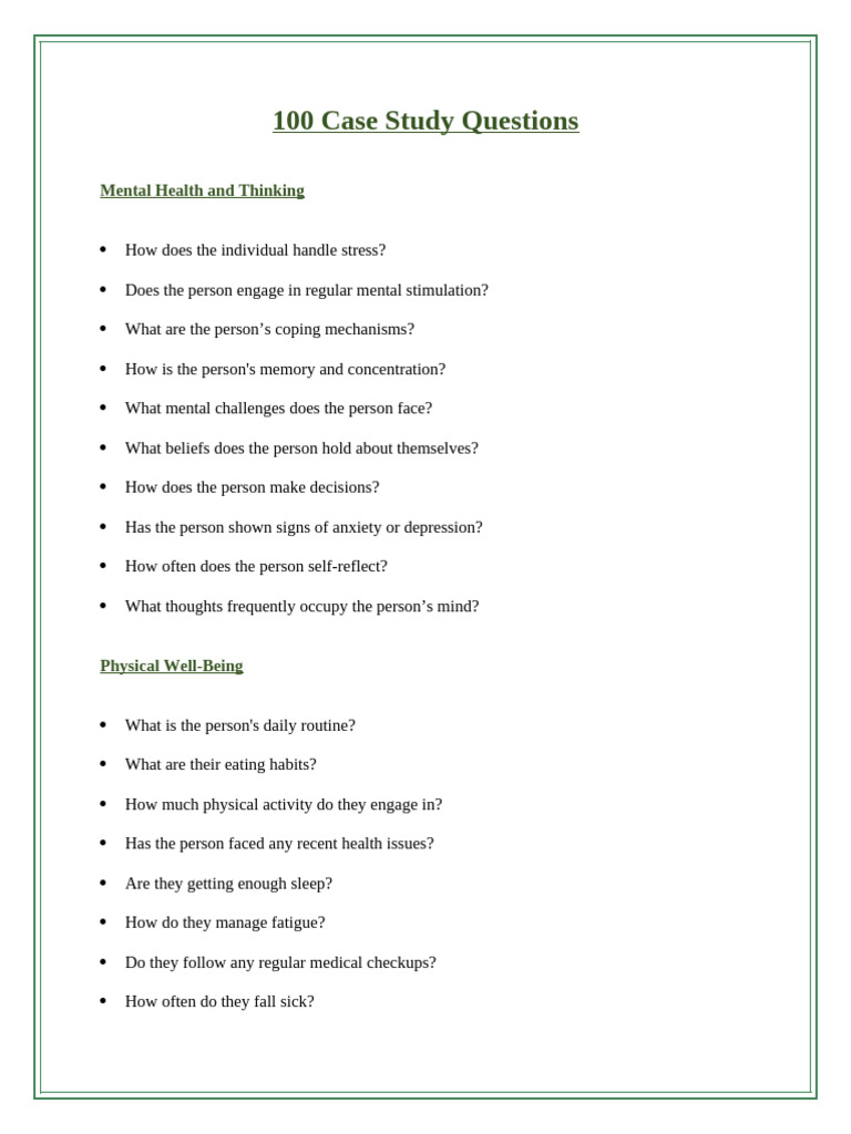 100 Questions for Mental Health Case Studies | PDF | Mental Health ...