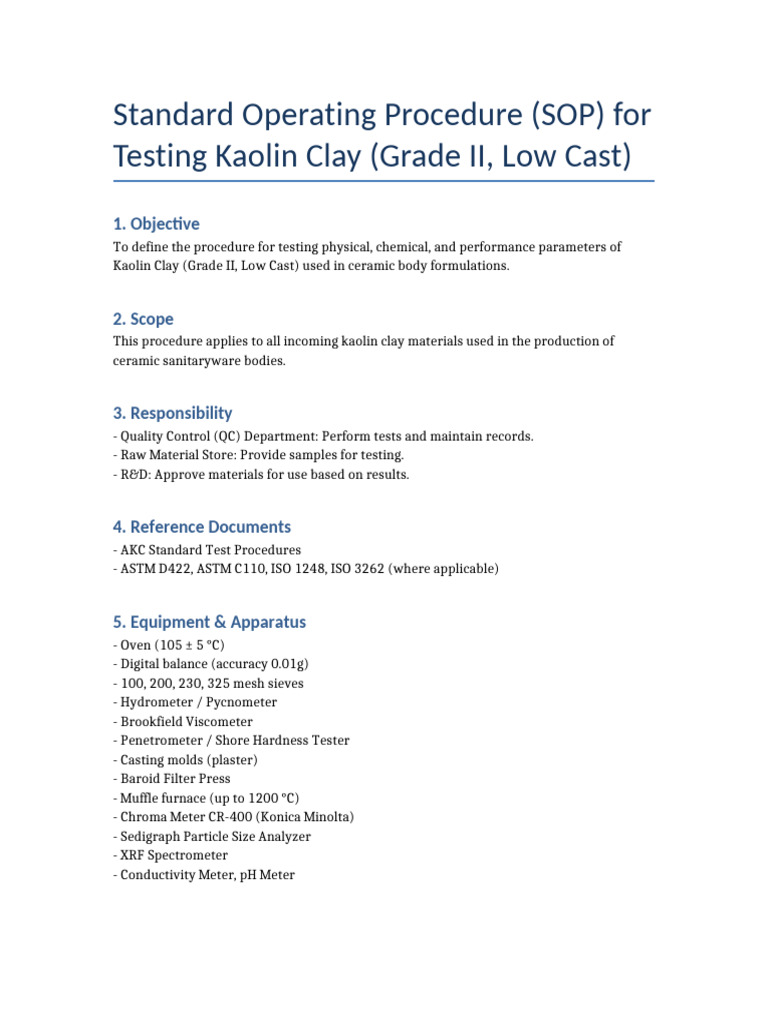 Kaolin Clay Testing SOP for Ceramics | PDF