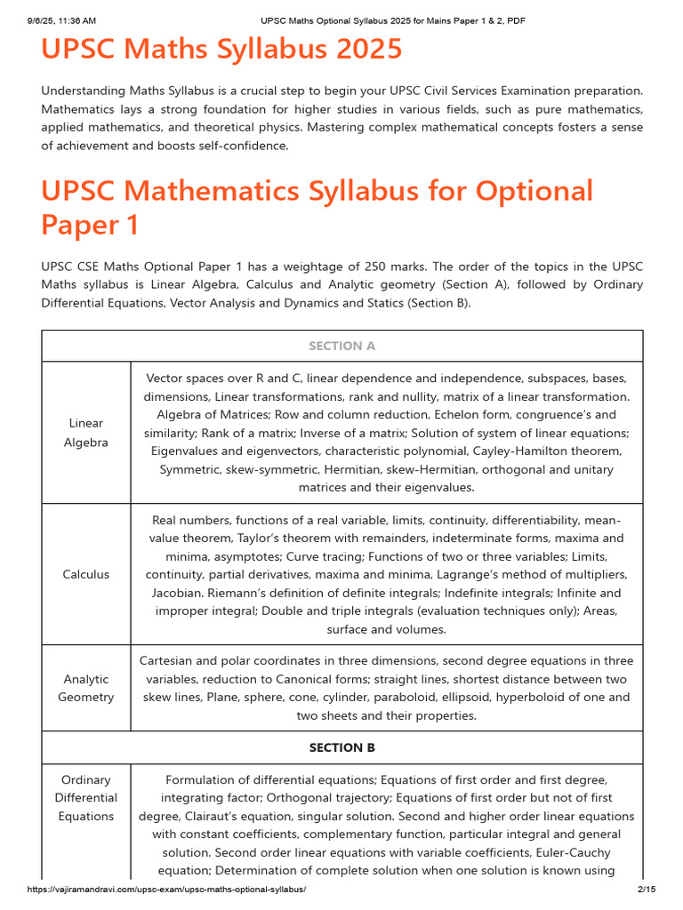 UPSC Maths Optional Syllabus 2025 | PDF | Matrix (Mathematics) | Equations