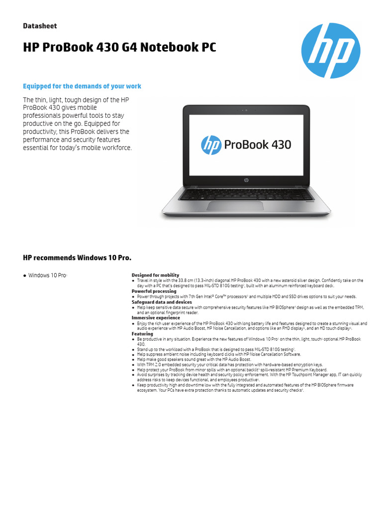 HP ProBook 430 G4 Specifications | PDF | Intel | Windows 10