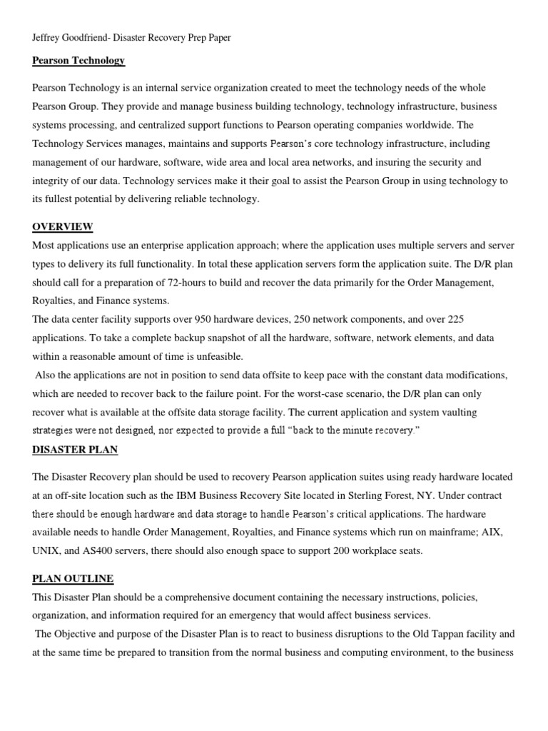 Pearson Technology: Jeffrey Goodfriend-Disaster Recovery Prep Paper ...