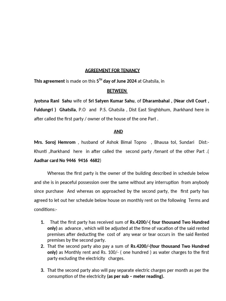 Tenancy Agreement for Ghatsila Property | PDF | Lease