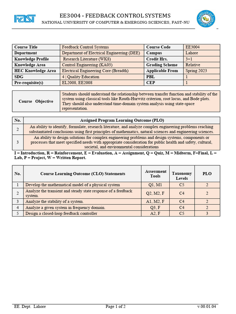 EE3004 - Feedback Control Systems | PDF | Control Theory | Applied Mathematics