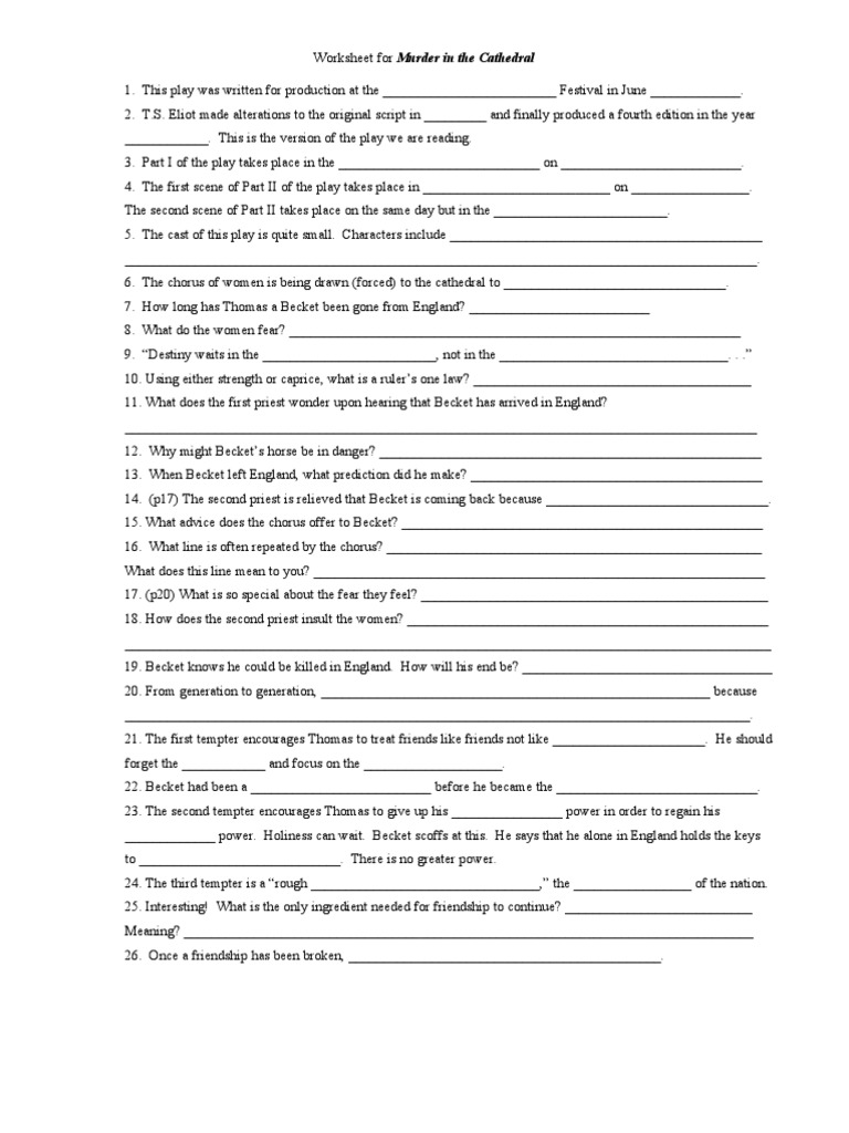 Murder in The Cathedral Worksheets | PDF | Religion And Belief