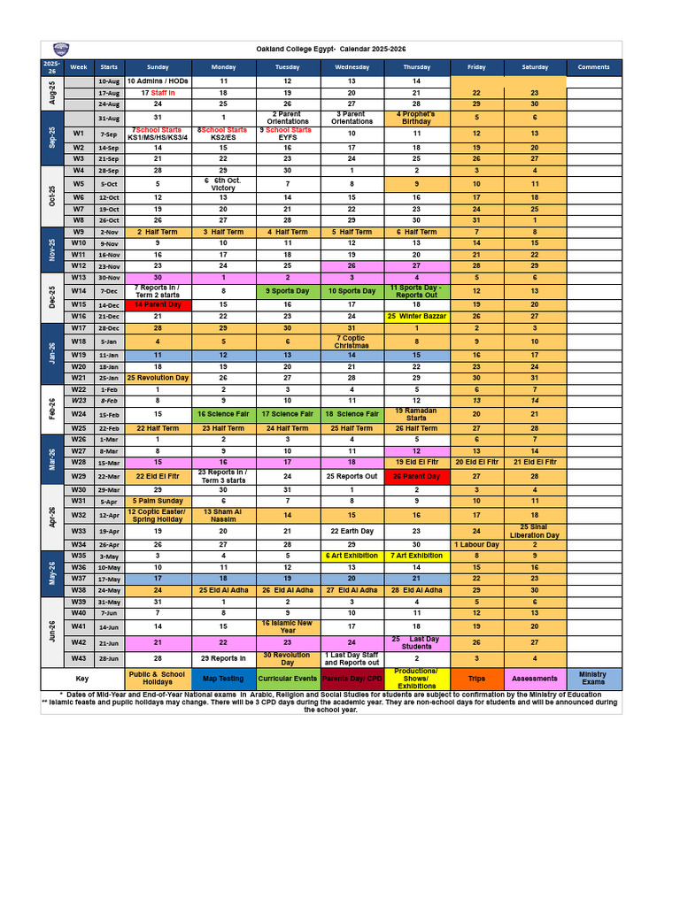 Oakland College Egypt Academic Calendar 2025-2026 | PDF | Observances