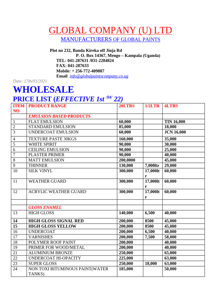 Price List Wholesale Global | PDF | Paint | Varnish