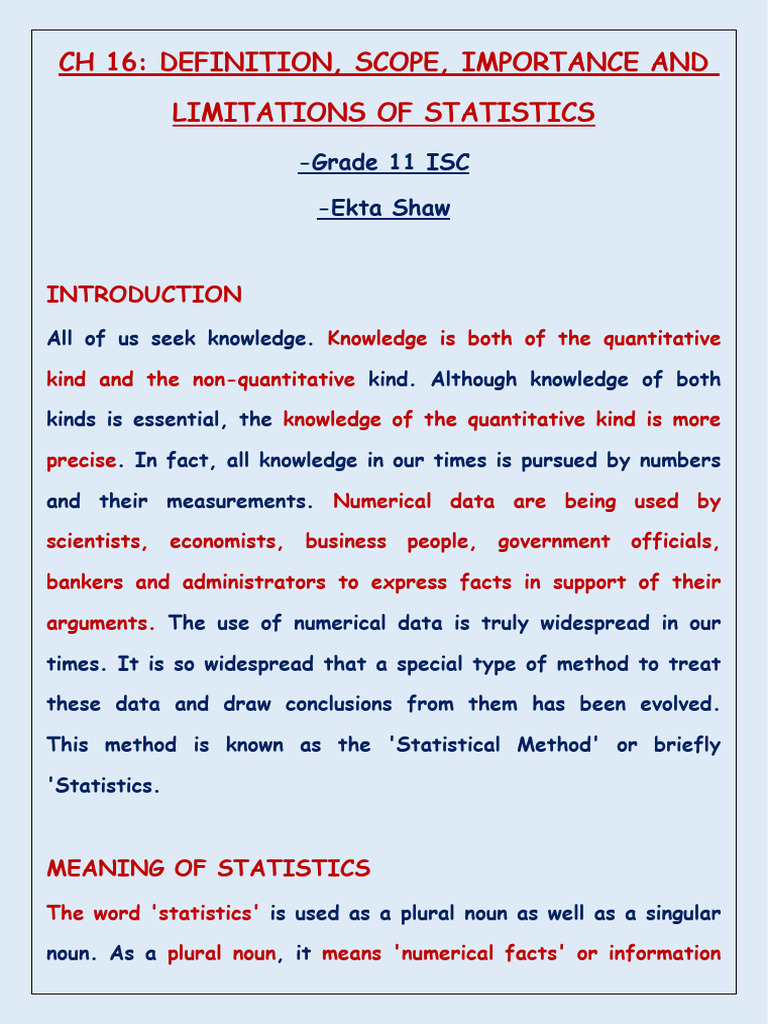 CH 16 - Definition, Scope and Limitation of Statistics | PDF ...
