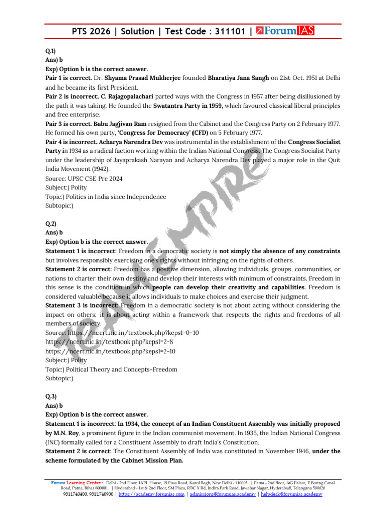 PTS 2026 Test-1 Code 311101 Solutions English | PDF | Citizenship ...