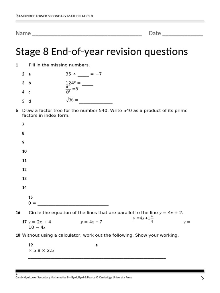 Stage 8 Math Revision Questions | PDF | Elementary Mathematics | Geometry