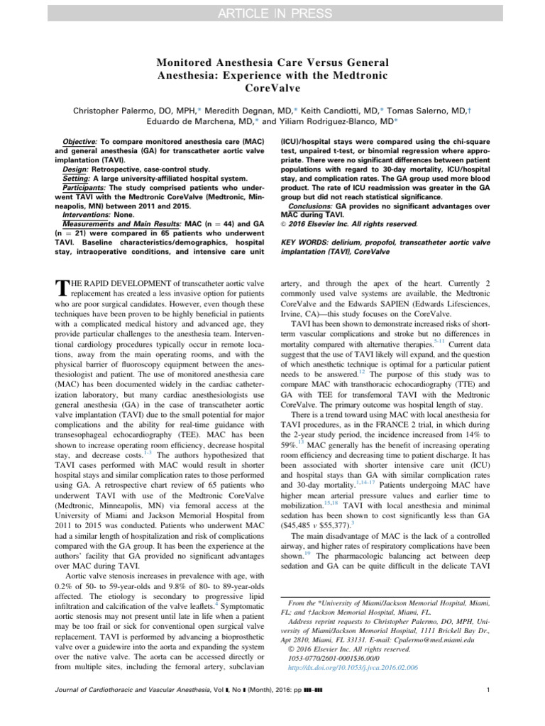 MAC vs GA in TAVI: A Comparative Study | PDF | Anesthesia | Intensive ...