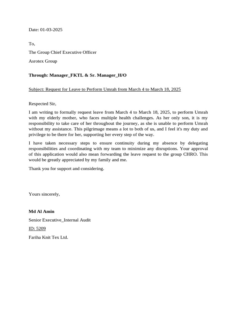 Umrah Leave Request for March 2025 | PDF