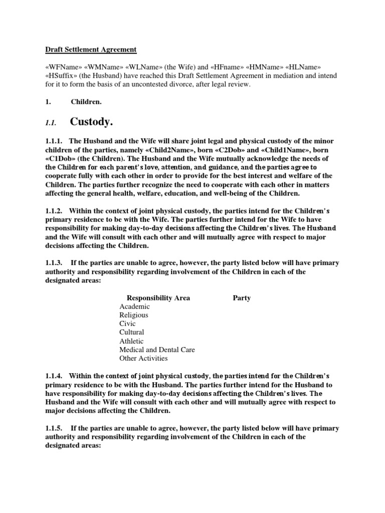 Draft Settlement Agreement | PDF | Child Support | Child Custody