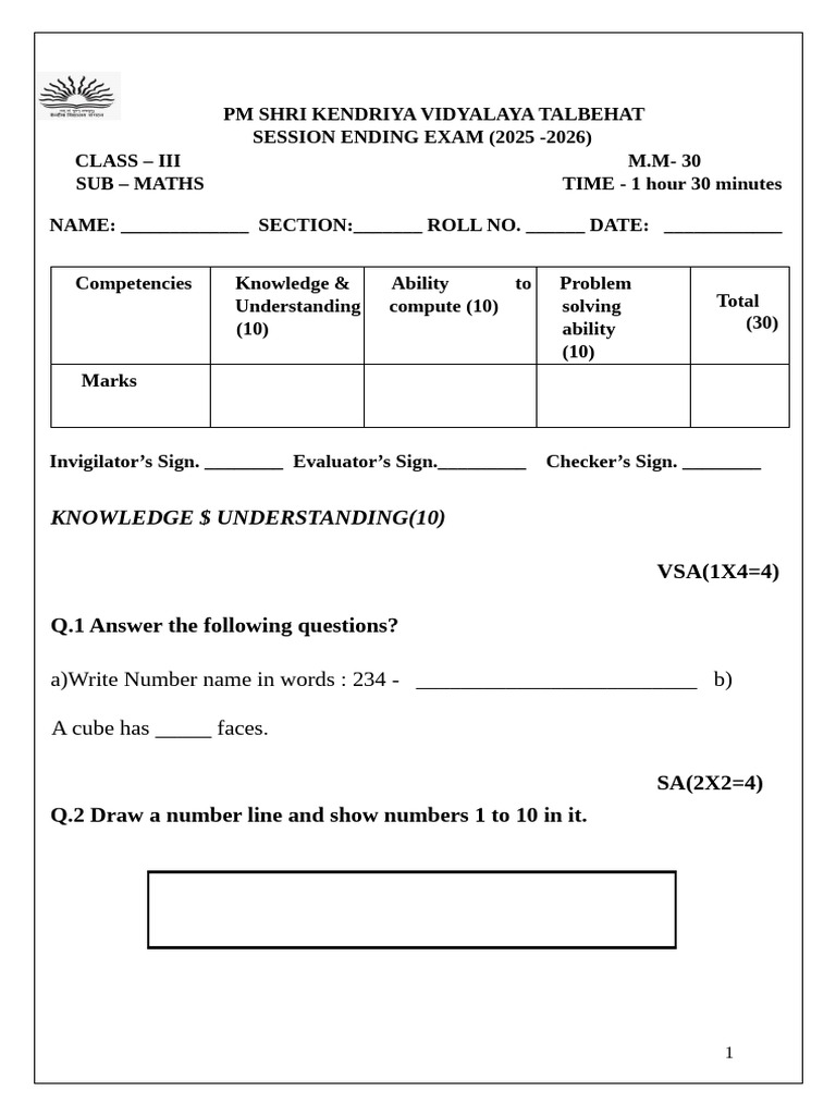 Class 3 Maths PT 1 2025-26-1 (1) - 1 | PDF