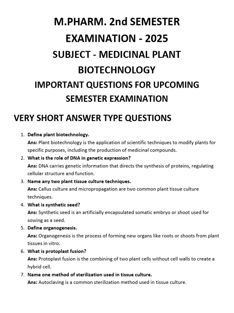 Medicinal Plant Biotechnology Exam Guide | PDF | Dna Sequencing ...