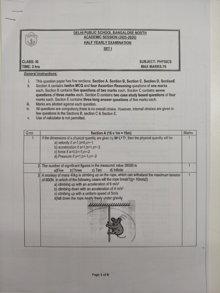 DPS Half Yearly Physics Paper | PDF | Acceleration | Force