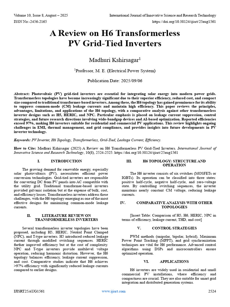 A Review On H6 Transformerless PV Grid-Tied Inverters | PDF | Power ...