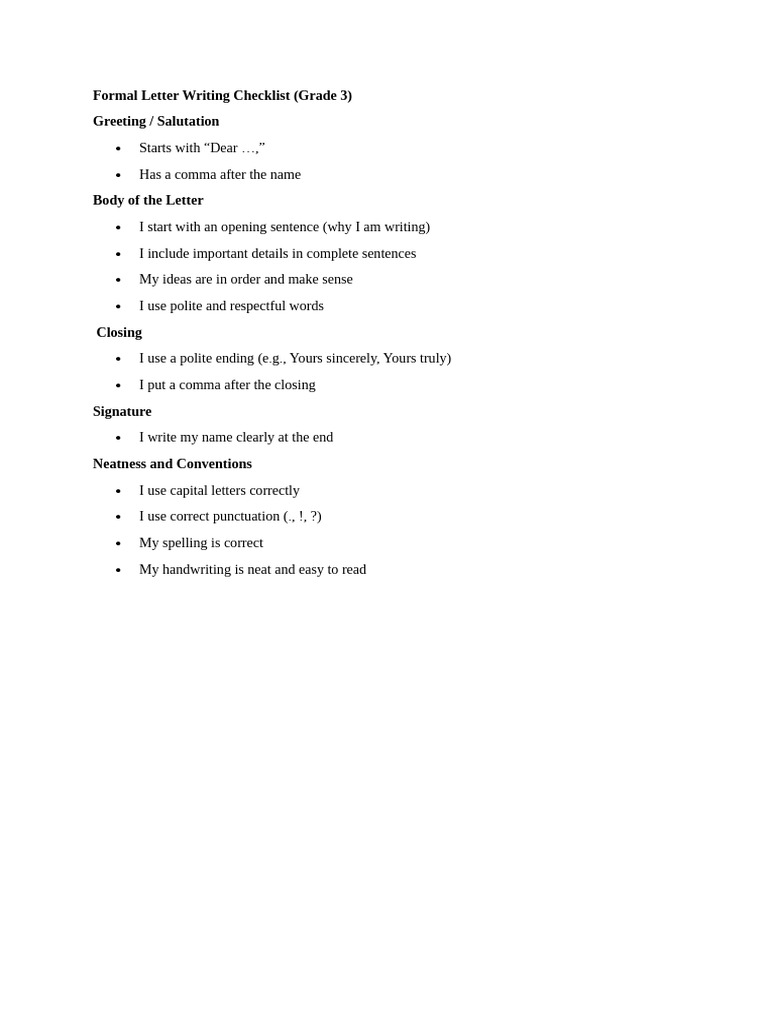 Formal Letter Writing Checklist | PDF