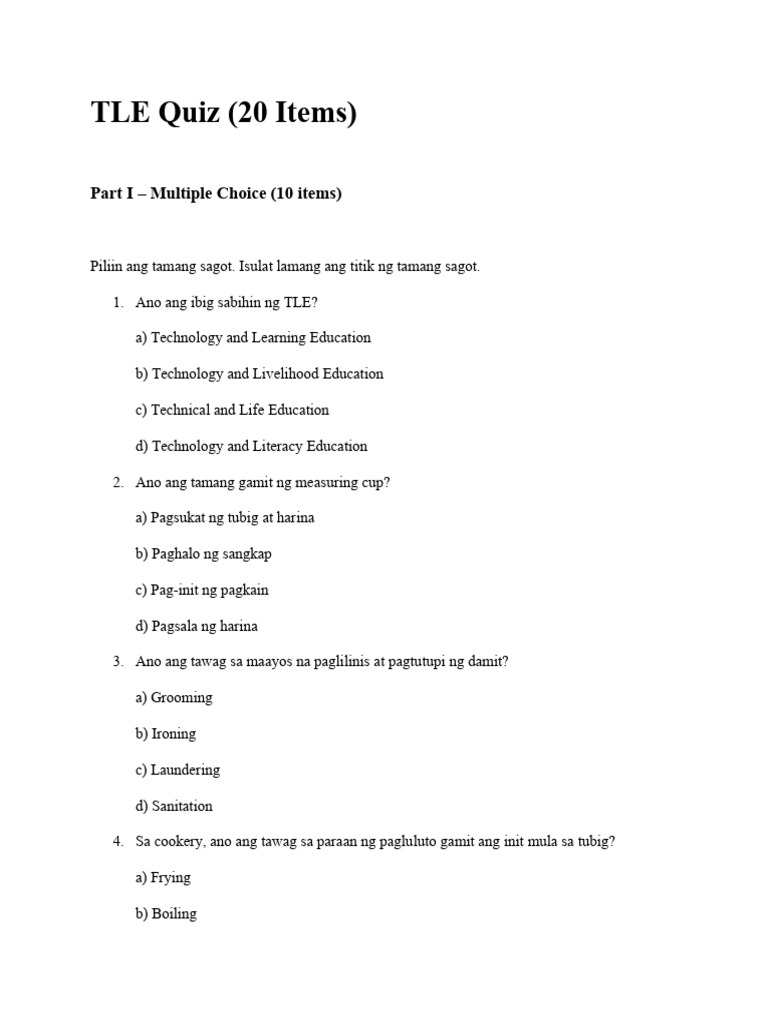 TLE Quiz (20 Items) | PDF