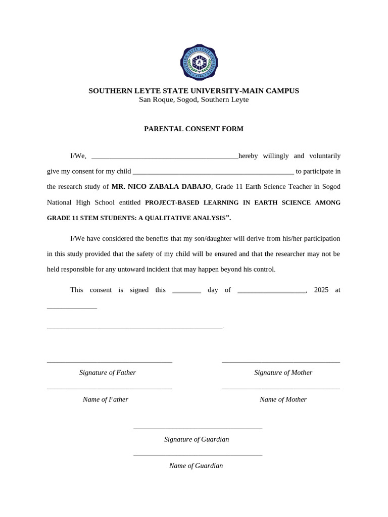 Parental Consent Form for Research Study | PDF