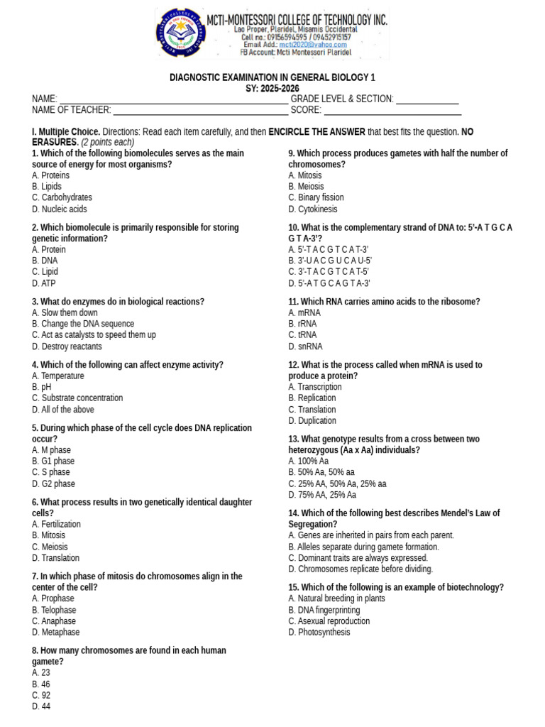 Diagnostic Examination in General Biology 1 | PDF | Mitosis | Meiosis