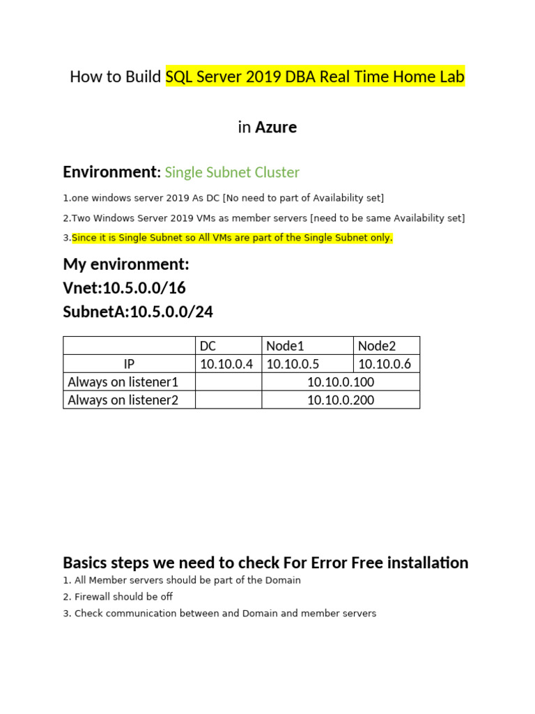 MS SQL Server 2019 DBA Real Time Home Lab Single Subnet Azure (1) | PDF ...