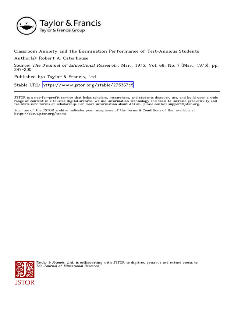 Osterhouse ClassroomAnxietyExamination 1975 | PDF | Psychology