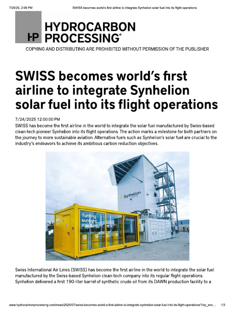 Synhelion Solar Fuel | PDF