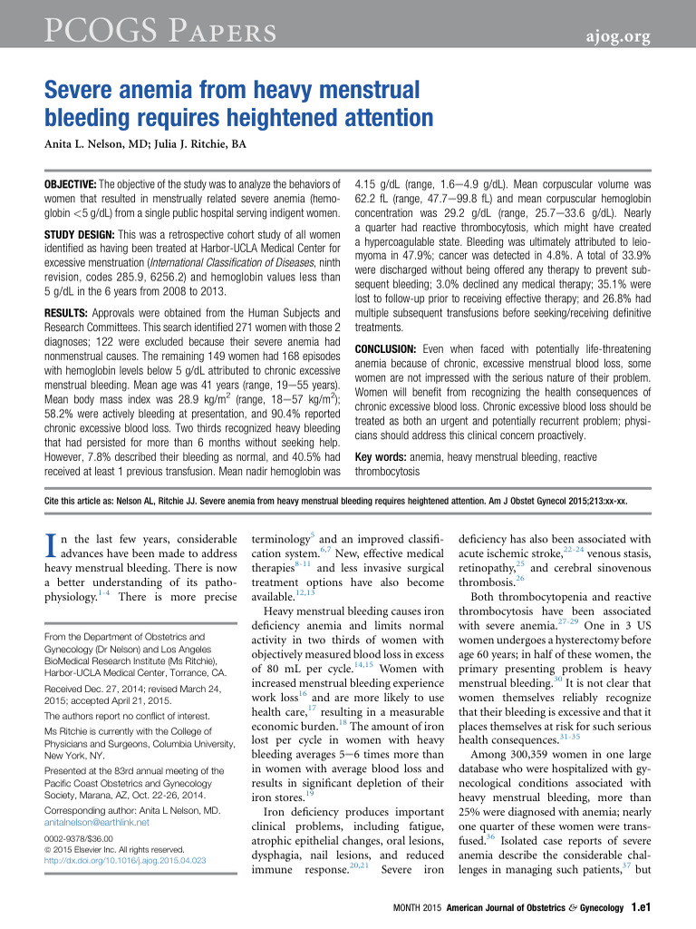 2015 Severe Anemia From Heavy Menstrual Bleeding Requires Heightened ...