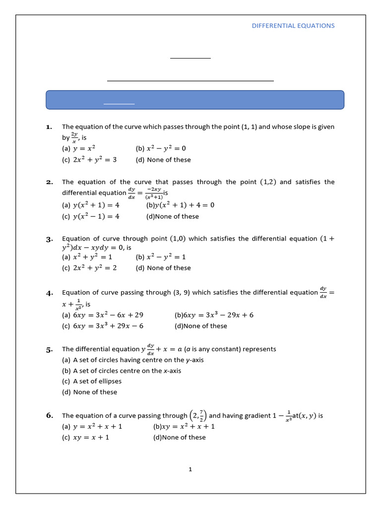 Differential Equations Practice Problems | PDF | Tangent | Geometry